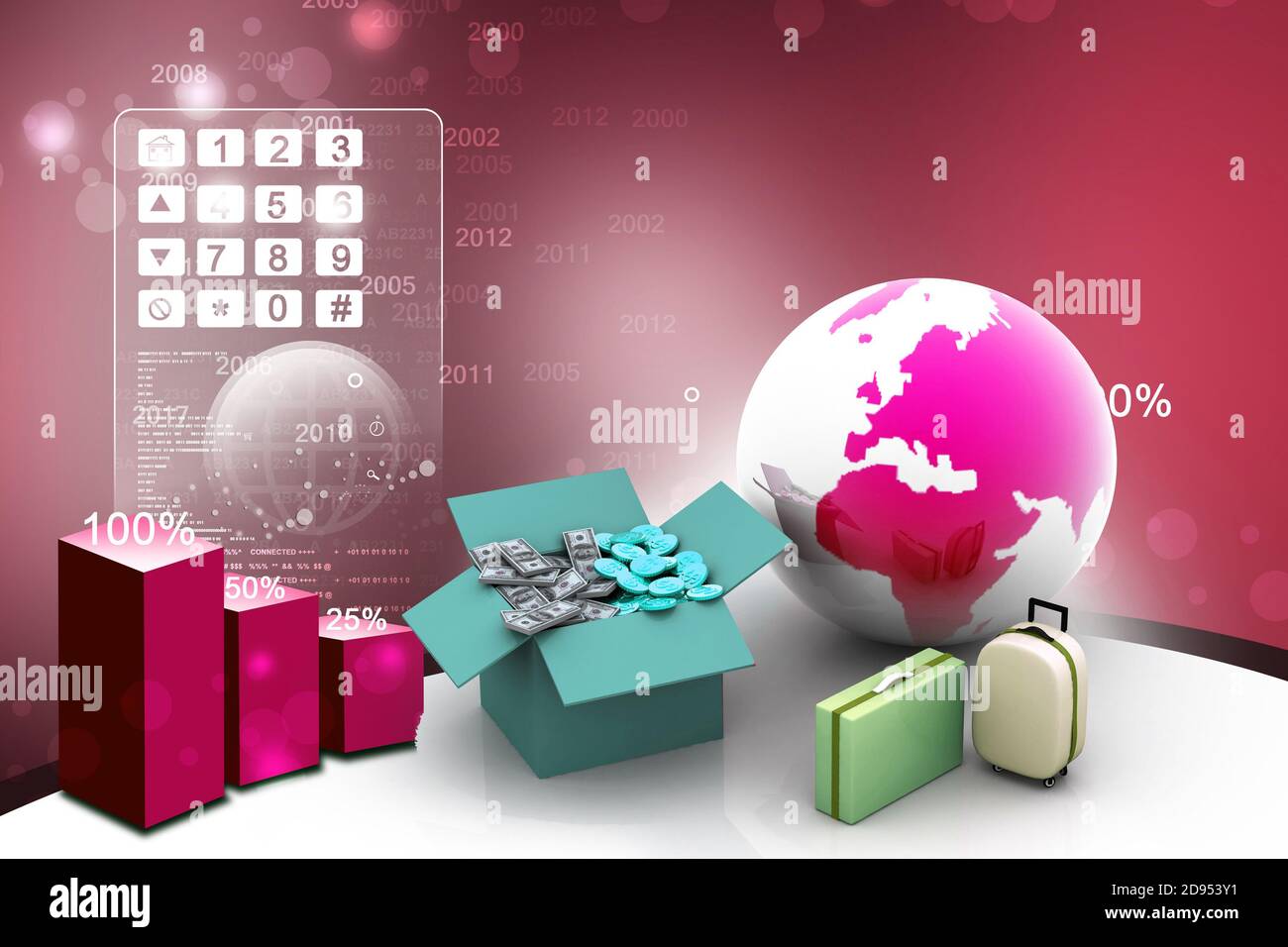 Open Cardboard box money with globe and suitcases Stock Photo - Alamy