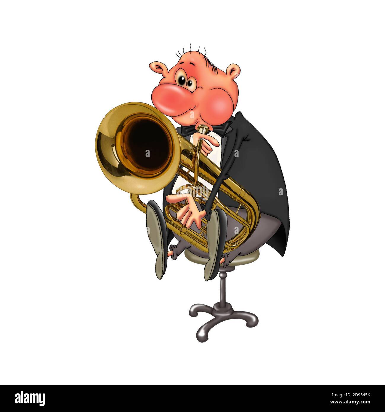 The musician plays the French horn while sitting on a chair. Cartoon ...