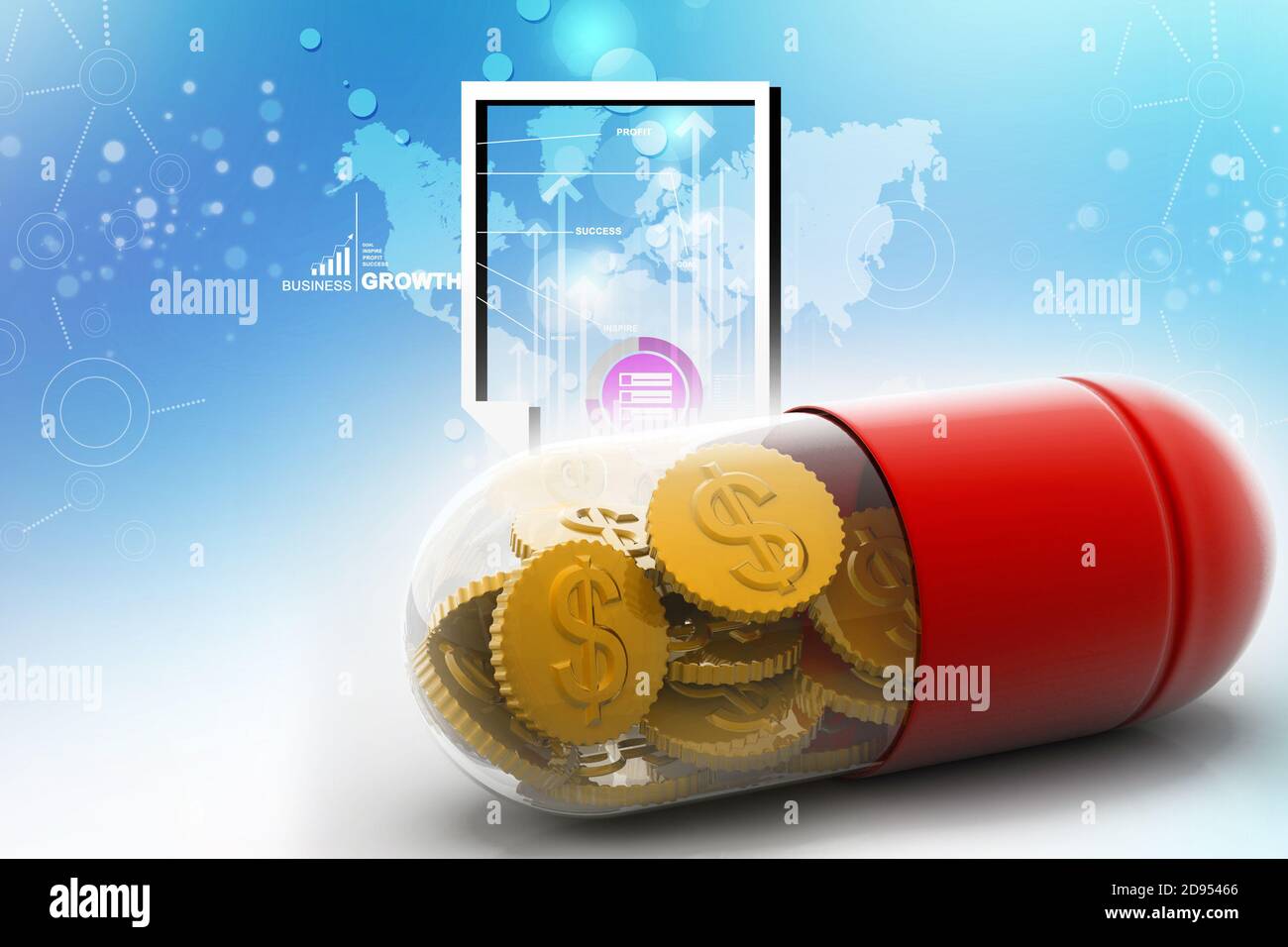 3d illustration of pill filled with dollar coin Stock Photo - Alamy