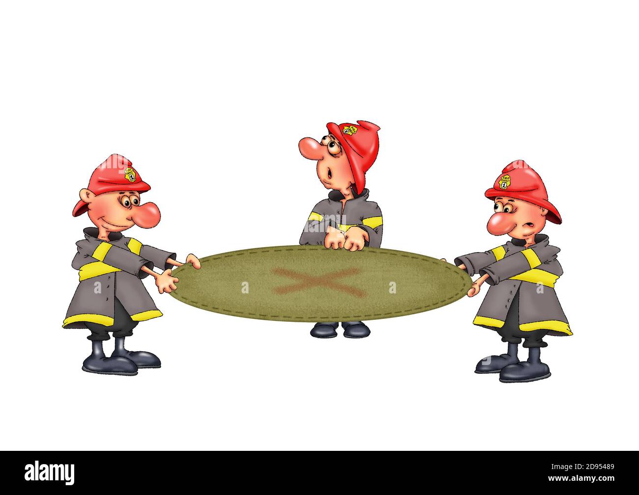 The fire brigade pulls on the tarp. Illustration on white background ...