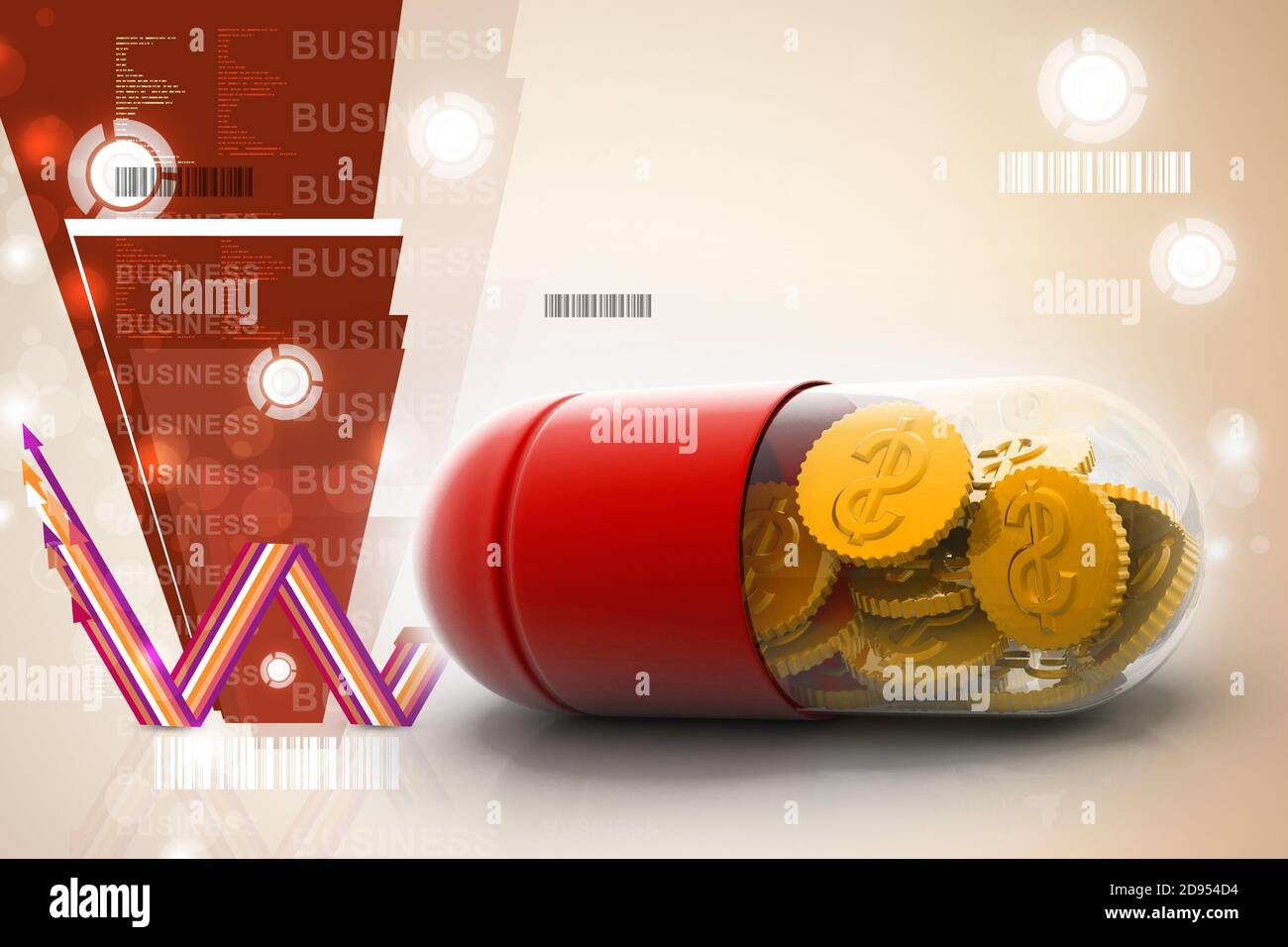 3d illustration of pill filled with dollar coin Stock Photo - Alamy