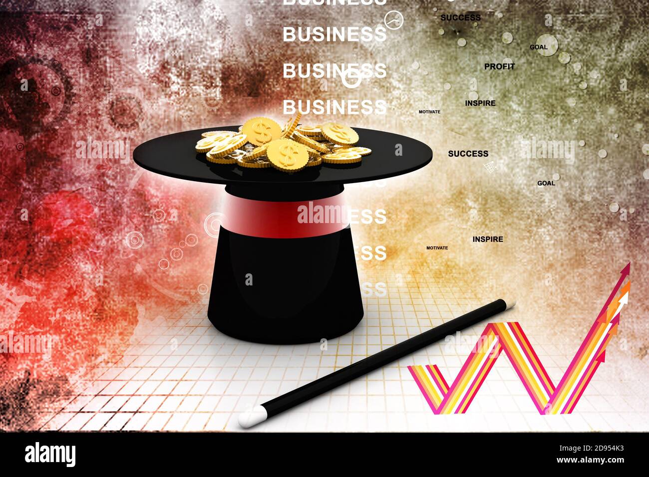 Digital illustration of magic hat and wand with dollar coins Stock ...