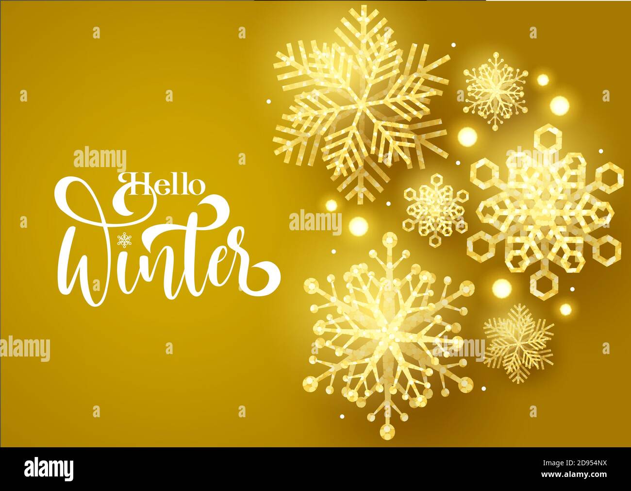 Winter in gold background vector template. Hello winter greeting text ...