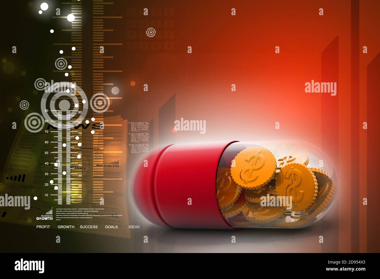 3d illustration of pill filled with dollar coin Stock Photo - Alamy