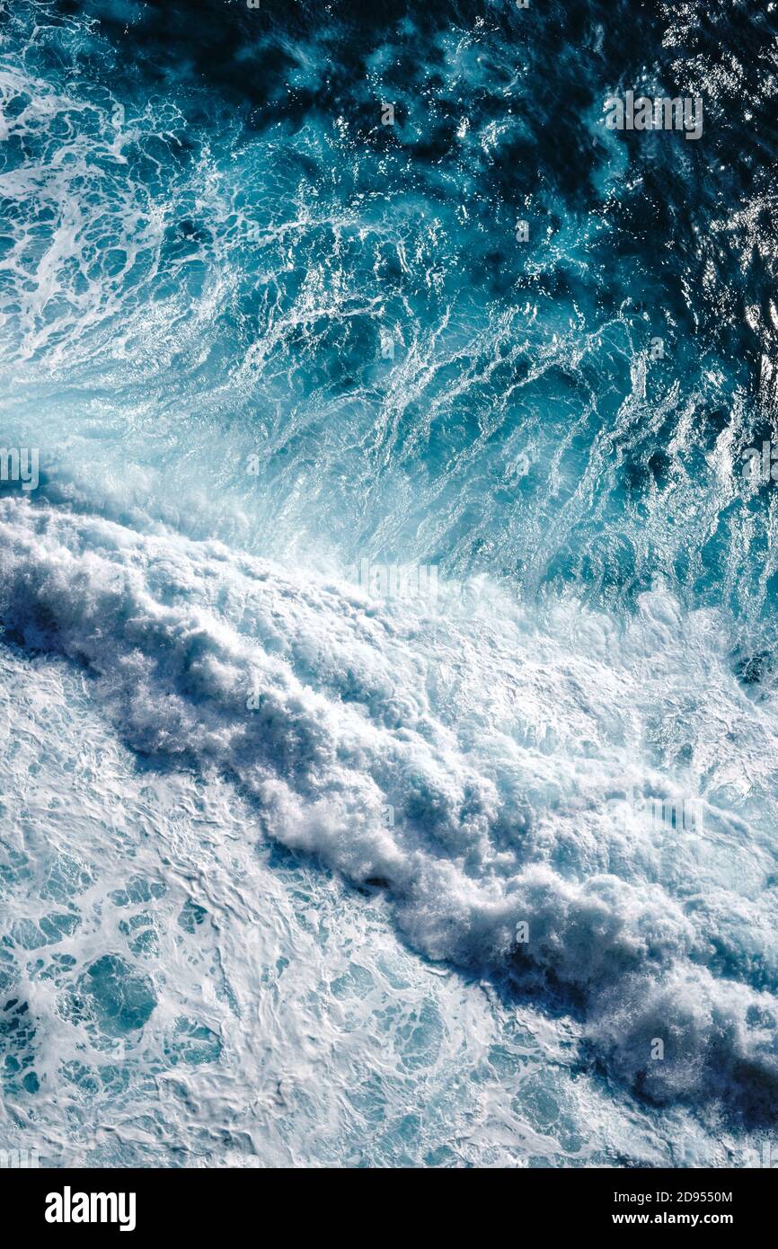 Aerial view to waves in ocean Splashing Waves. Blue clean wavy sea ...