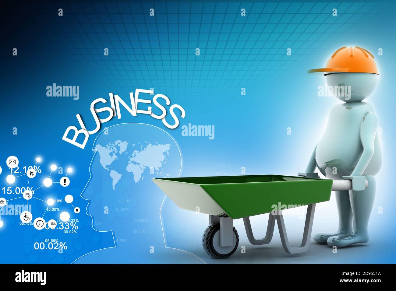 3D multi use construction worker with a wheelbarrow Stock Photo - Alamy