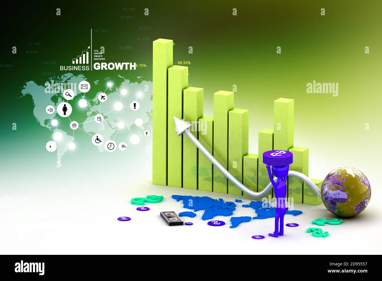 3d business graph with earth and dollars Stock Photo - Alamy