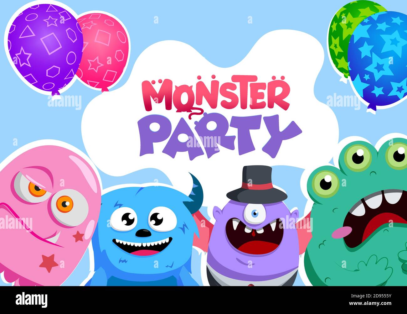 Monster party birthday vector banner template. Monster party text in ...