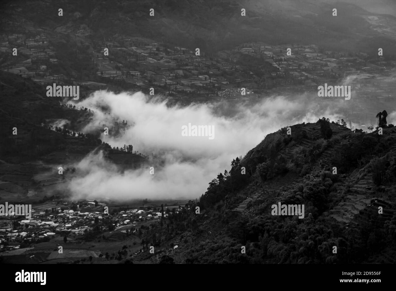 Beautiful scenery of dieng plateau Black and White Stock Photos ...