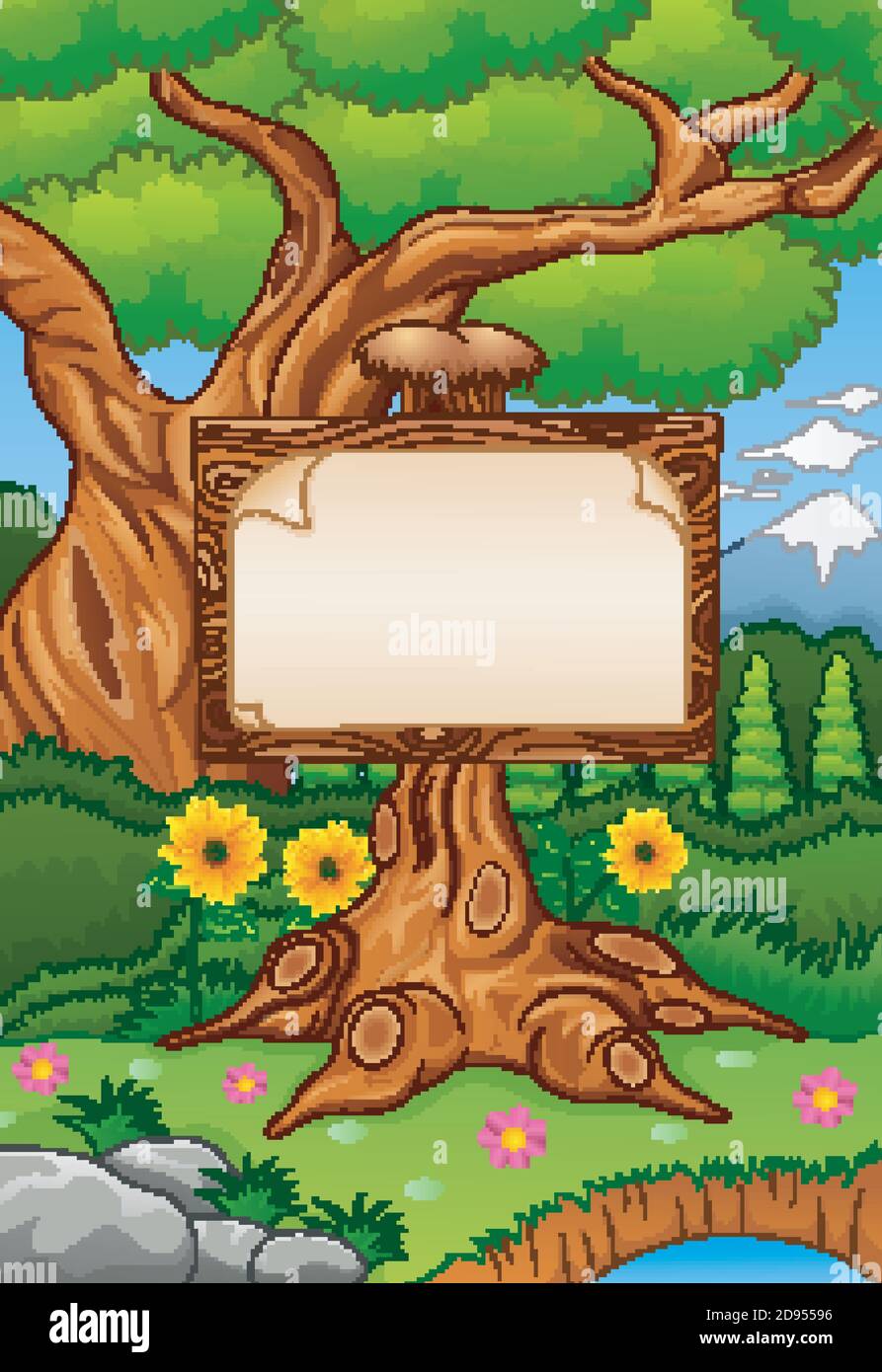 Vector illustration of Forest scene with wooden signboard Stock Vector ...