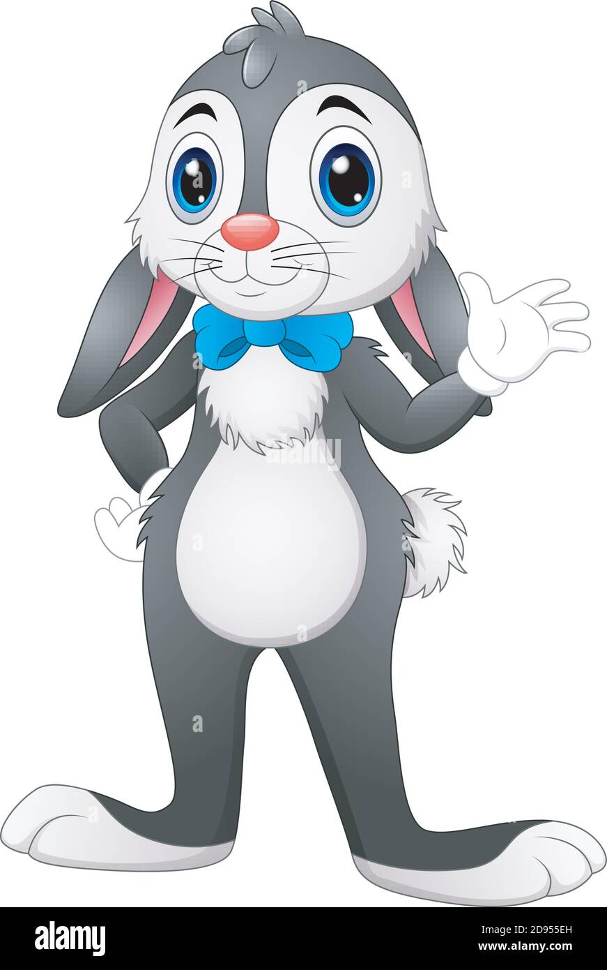 Vector illustration of Cartoon bunny waving hand with blue bow on a ...