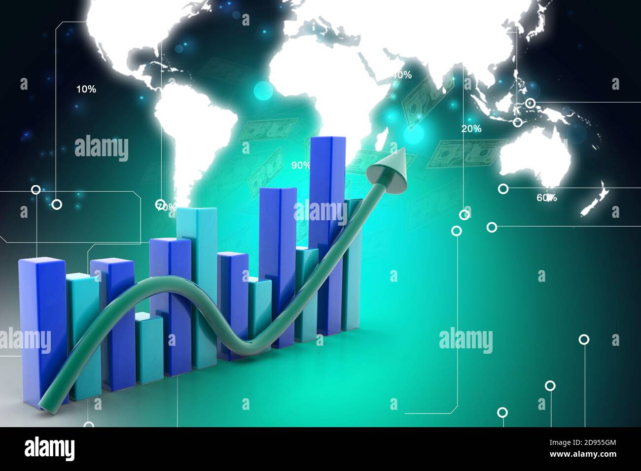 Digital illustration of business graph with arrow showing growth and ...