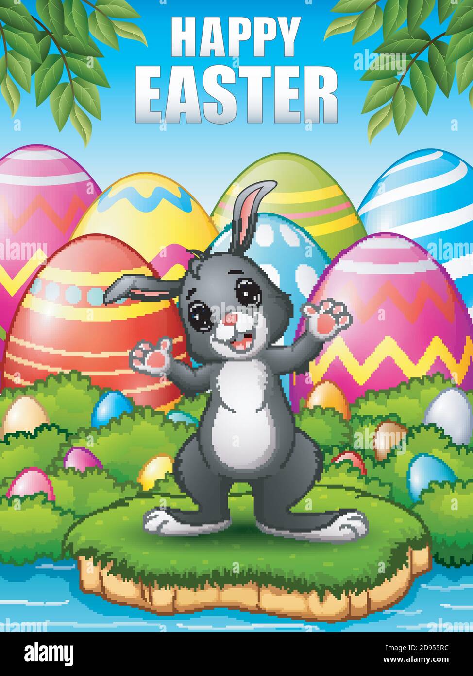 Vector illustration of Happy rabbit cartoon in the woods near the river ...