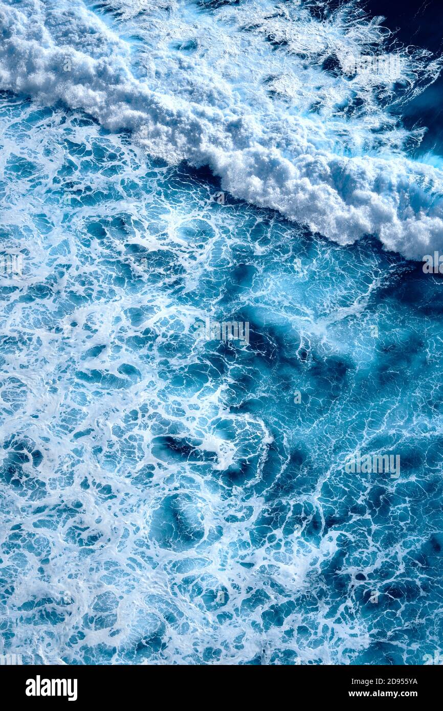 Aerial view to waves in ocean Splashing Waves. Blue clean wavy sea ...