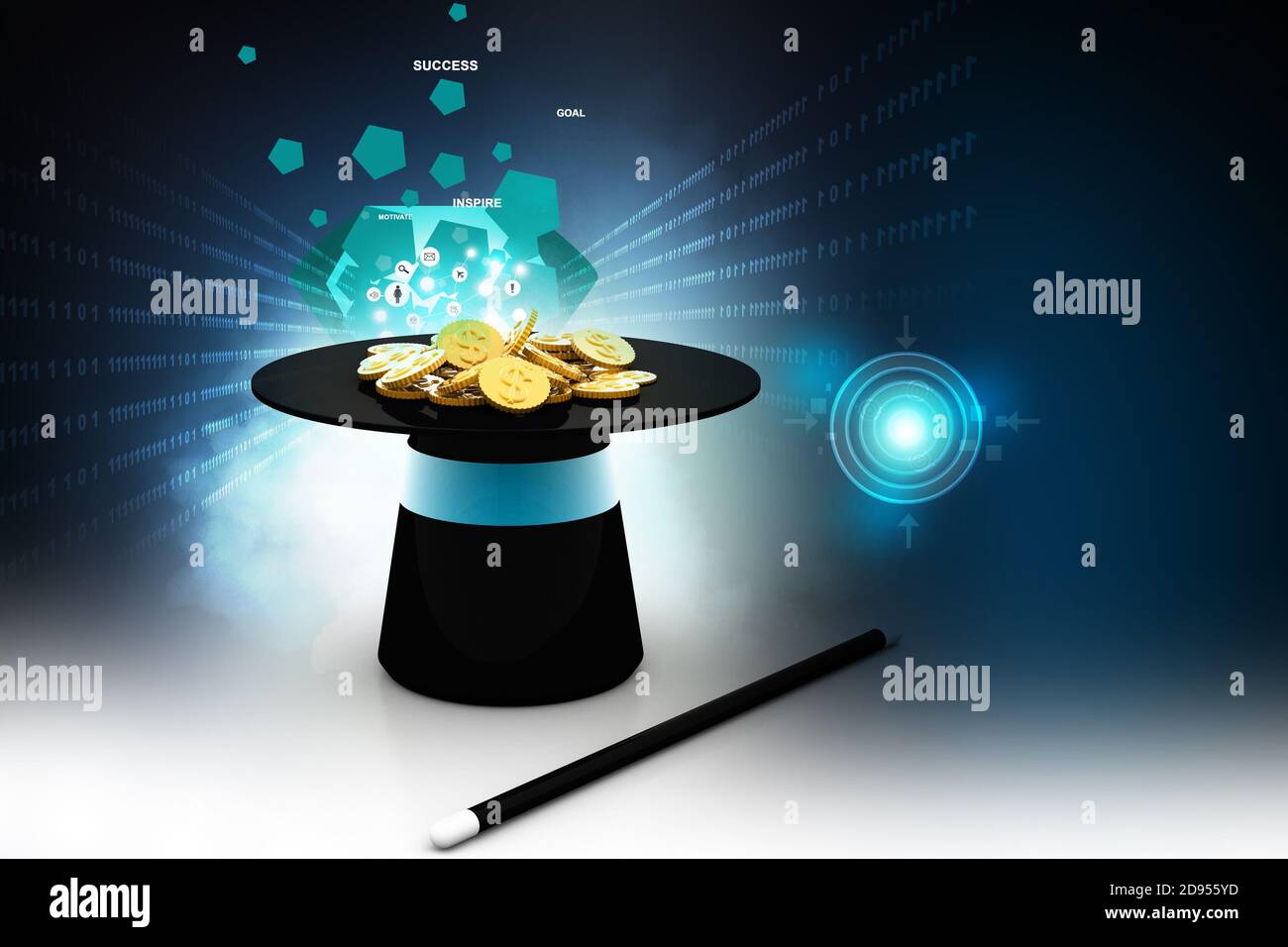 Digital illustration of magic hat and wand with dollar coins Stock ...