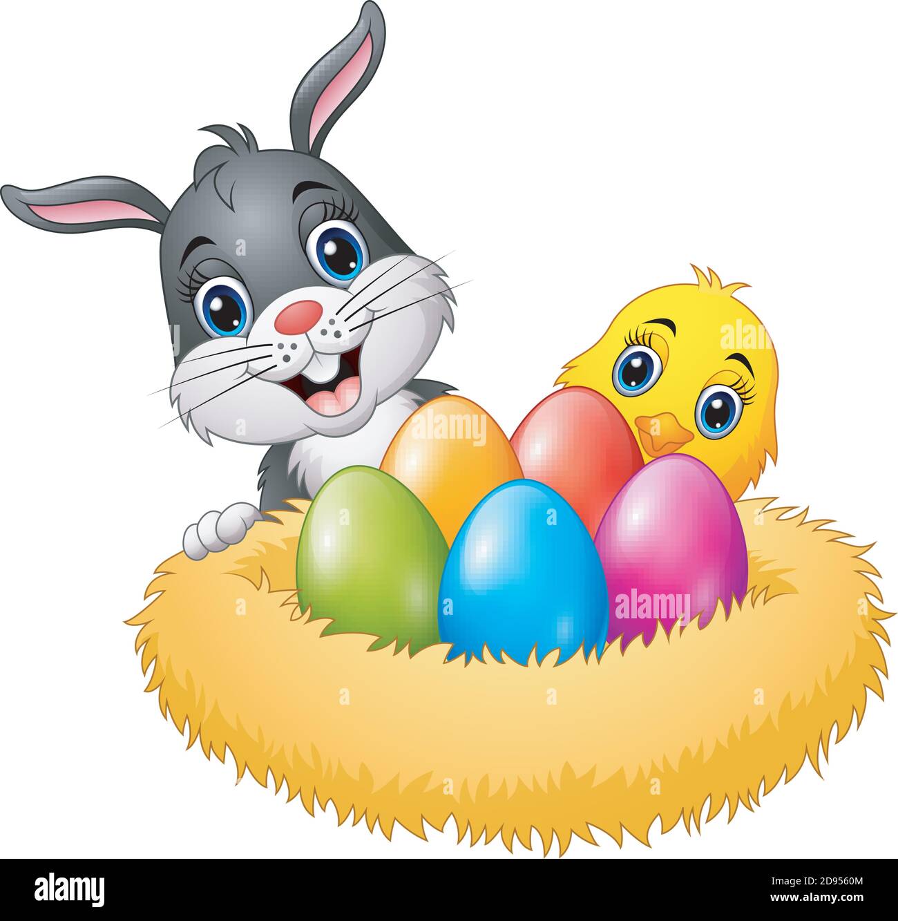 Vector illustration of Easter rabbit with chicks and colorful eggs in ...