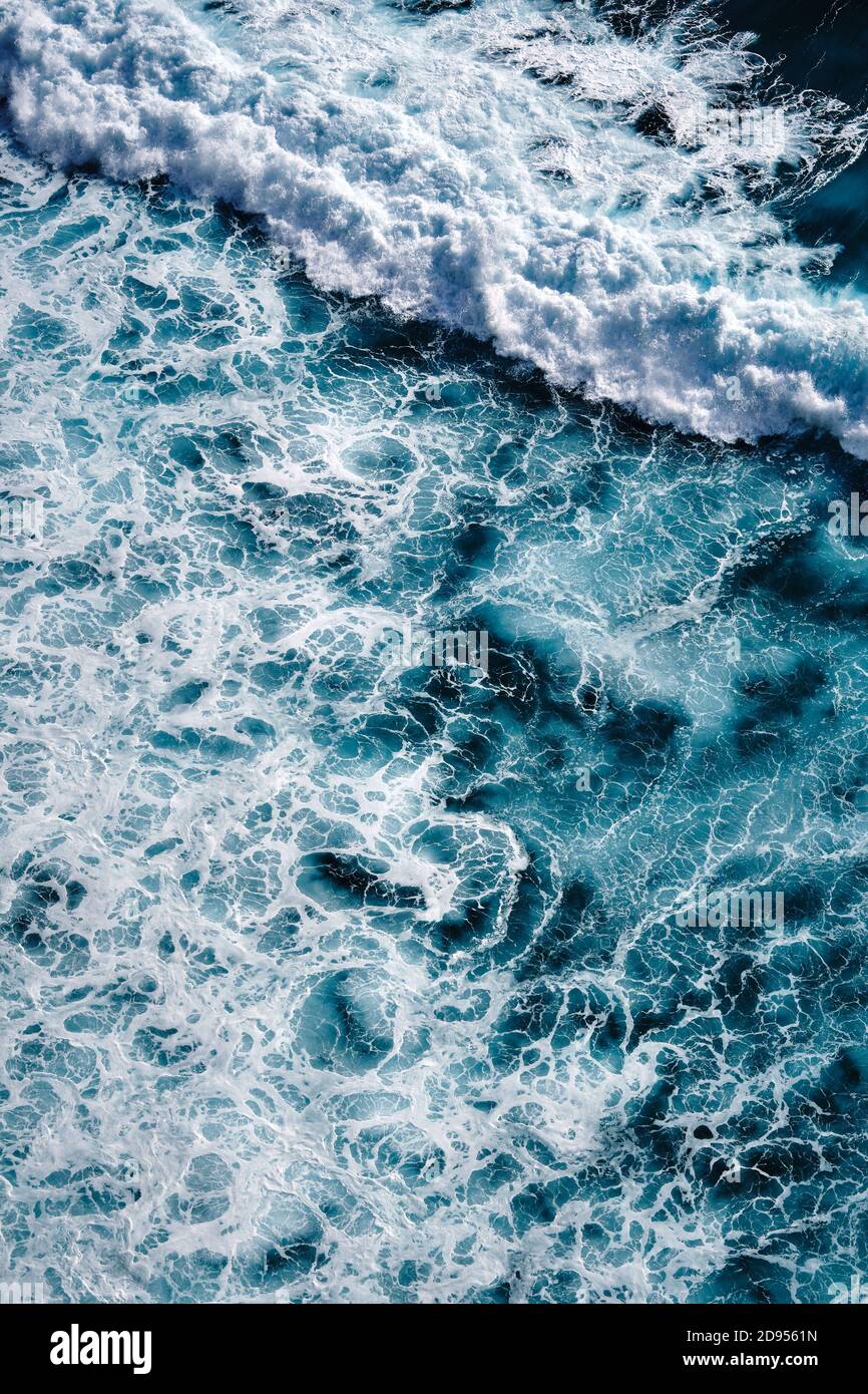 Aerial view to waves in ocean Splashing Waves. Blue clean wavy sea ...