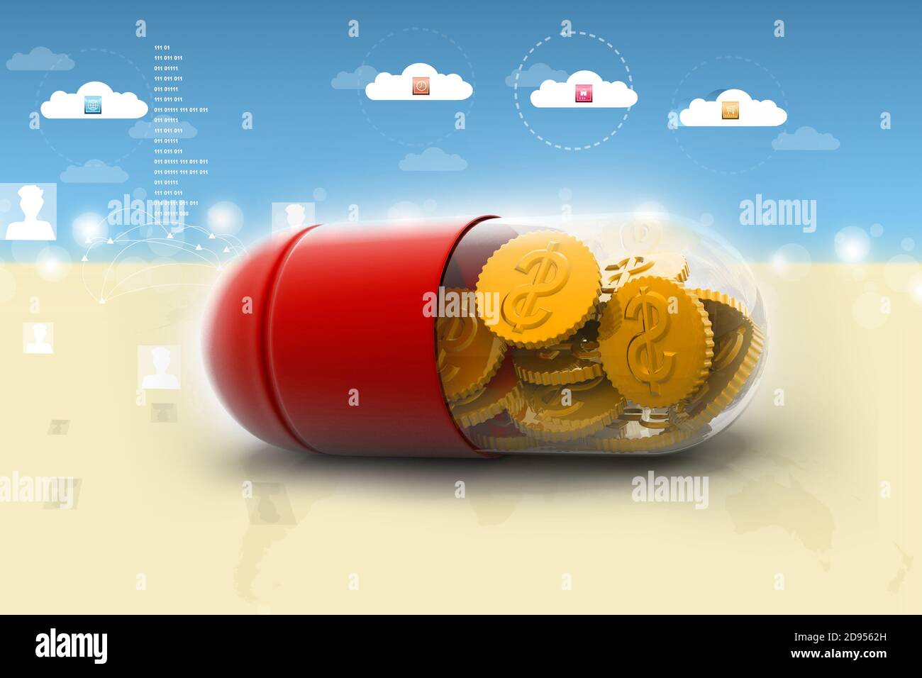 3d illustration of pill filled with dollar coin Stock Photo - Alamy