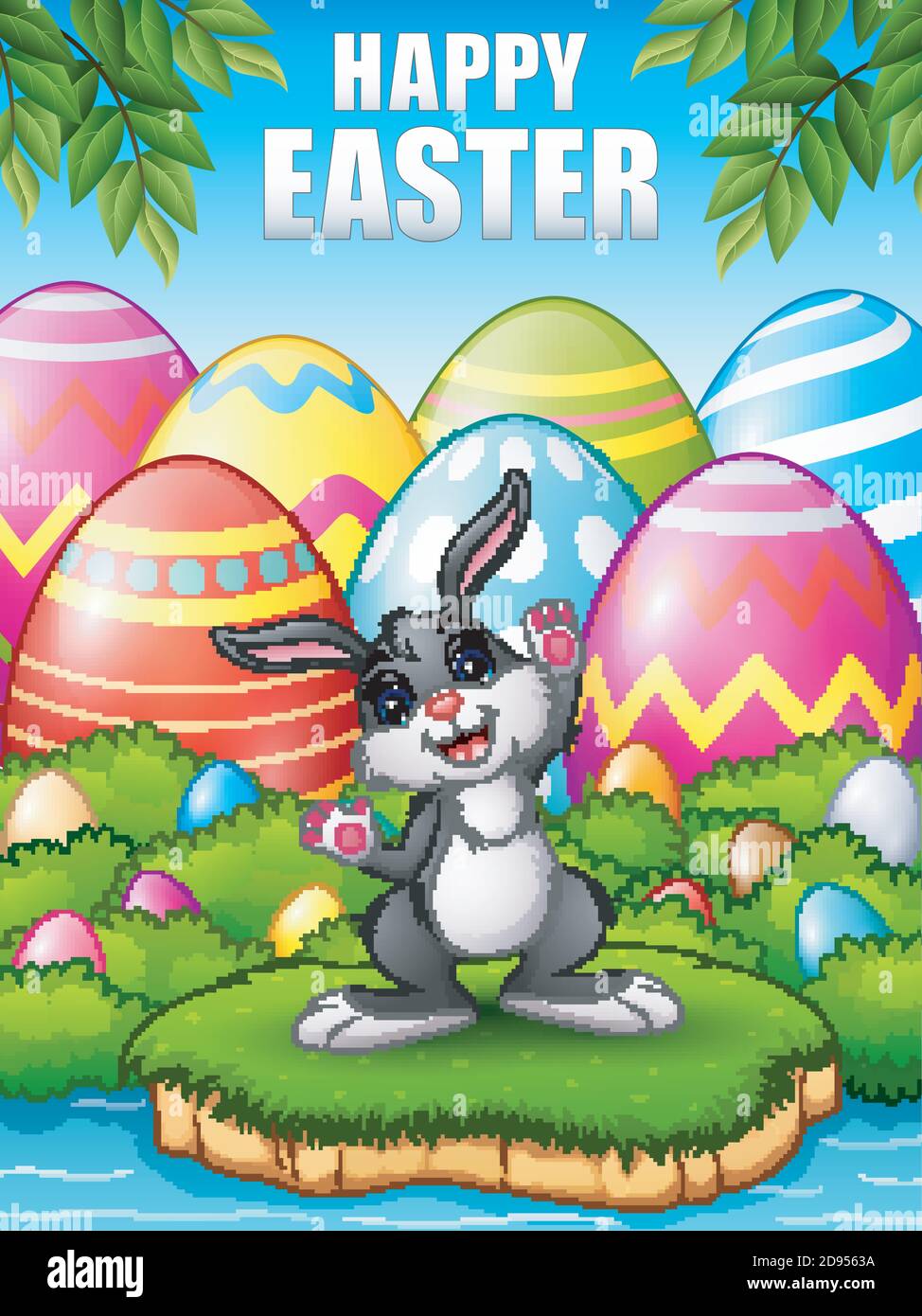 Vector illustration of Happy rabbit cartoon in the woods near the river ...