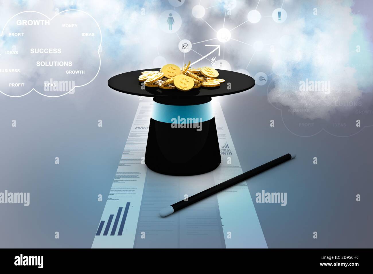 Digital illustration of magic hat and wand with dollar coins Stock ...