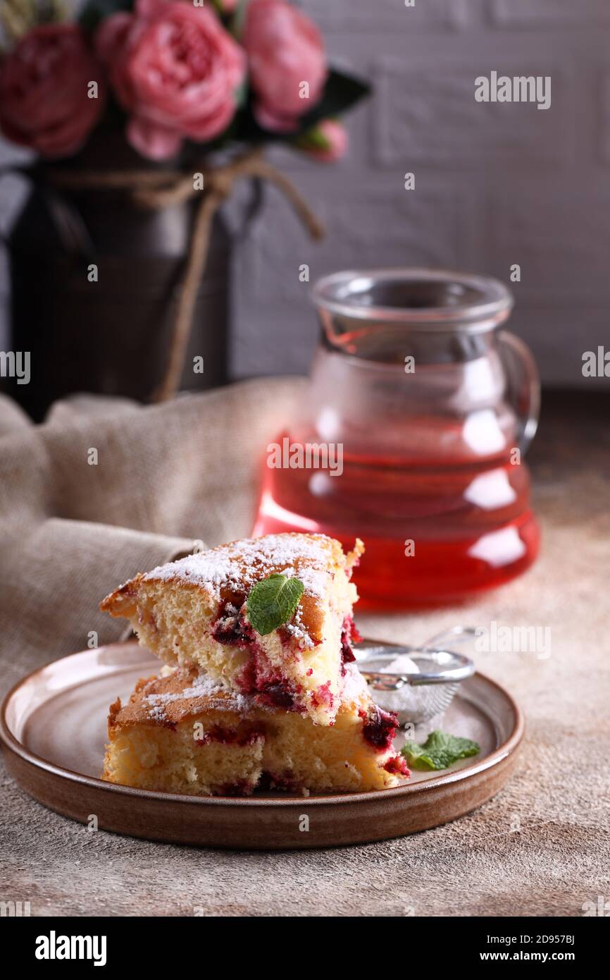 natural organic cherry sponge cake for dessert Stock Photo - Alamy