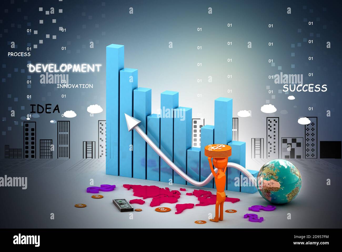 3d business graph with earth and dollars Stock Photo - Alamy