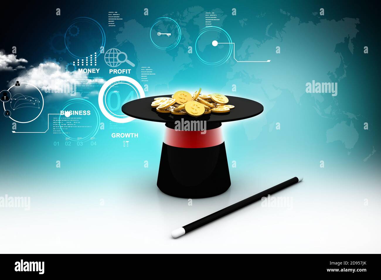 Digital illustration of magic hat and wand with dollar coins Stock ...