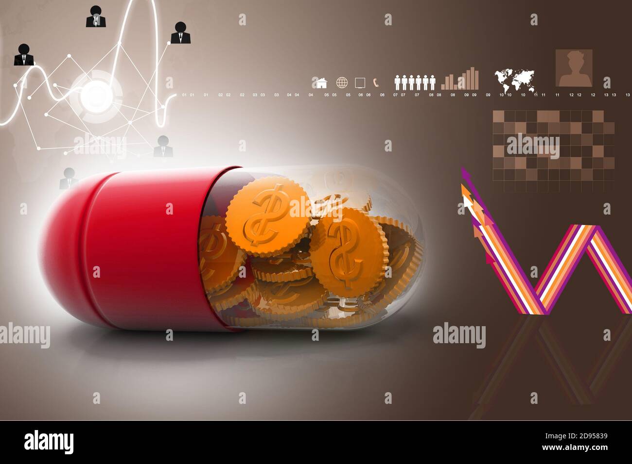 3d illustration of pill filled with dollar coin Stock Photo - Alamy