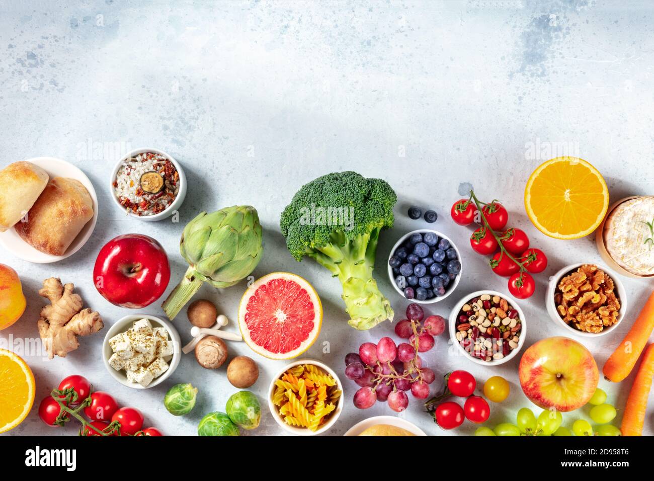 Vegetarian food products variety, overhead shot with copy space. Fruit ...