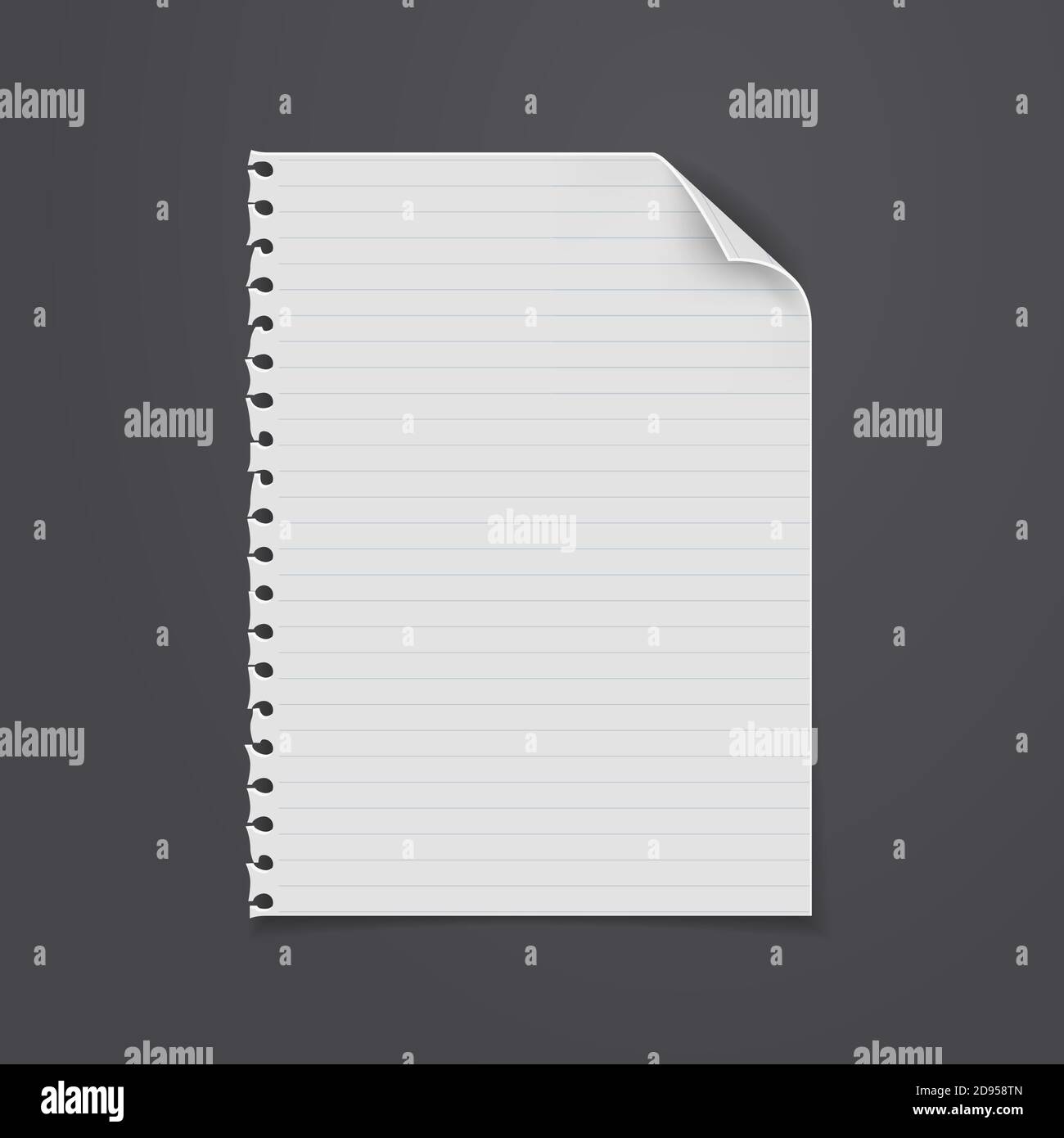 Torn of white lined note, notebook paper with folded corner is on black ...