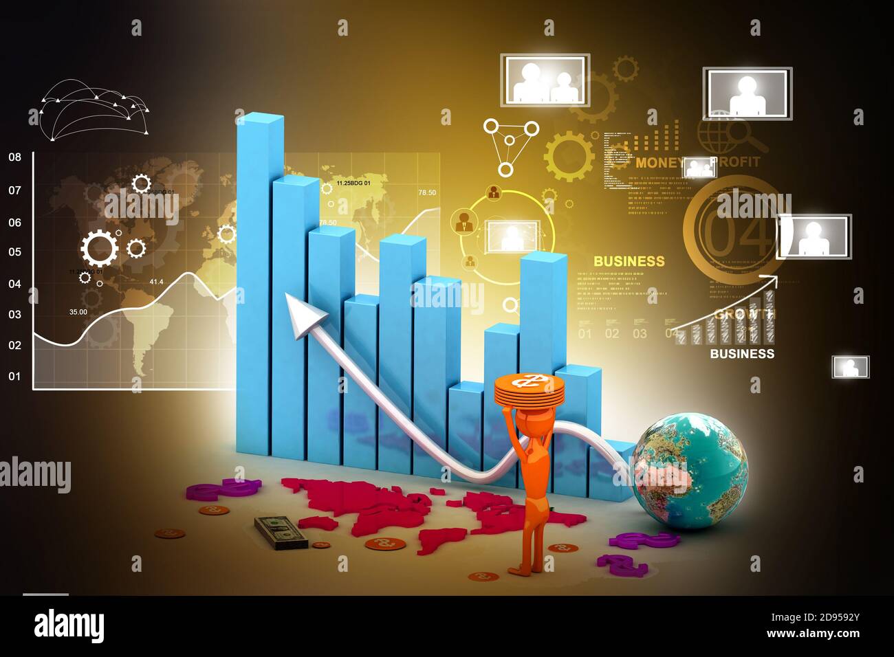 3d business graph with earth and dollars Stock Photo - Alamy
