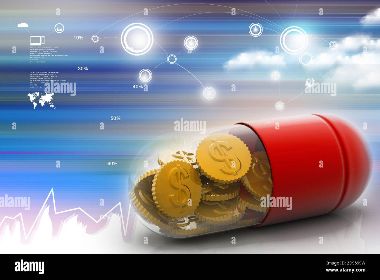 3d illustration of pill filled with dollar coin Stock Photo - Alamy