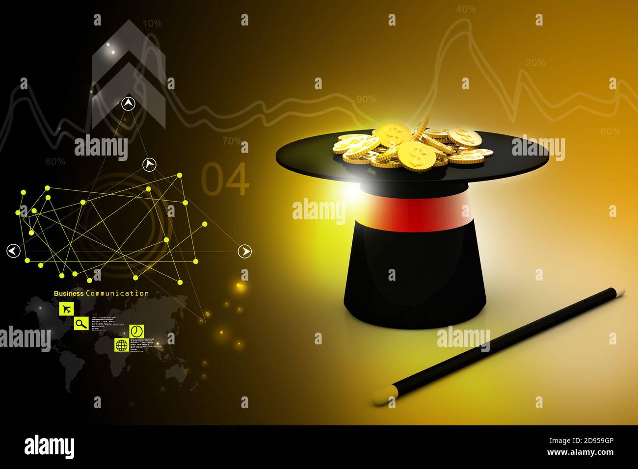 Digital illustration of magic hat and wand with dollar coins Stock ...