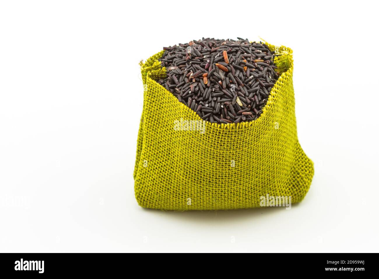 Rice berry in green sisal sack on white background Stock Photo - Alamy