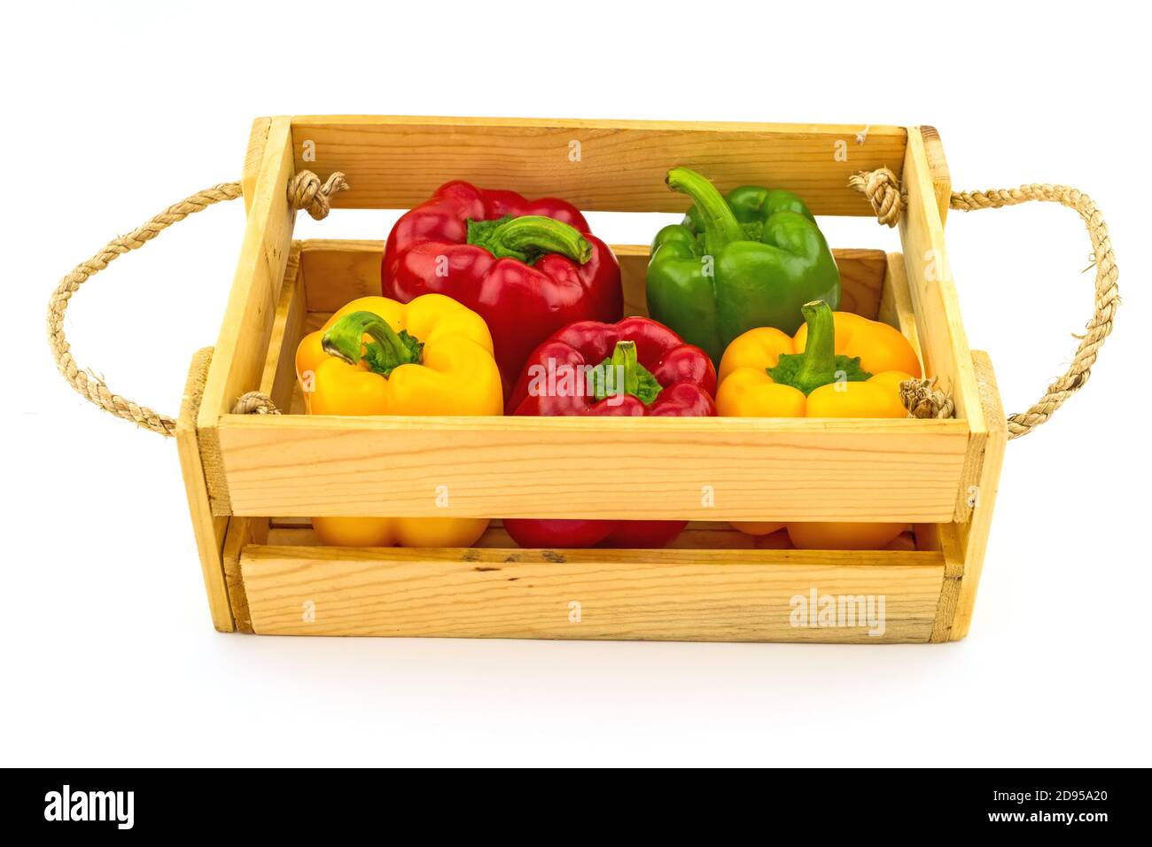 Colorful of fresh sweet bell pepper (capsicum) in wooden basket product ...
