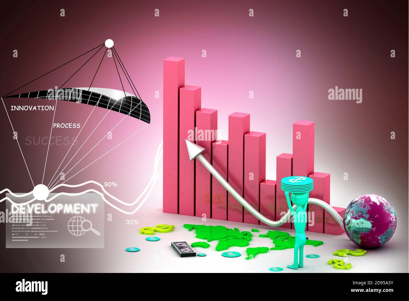 3d business graph with earth and dollars Stock Photo - Alamy