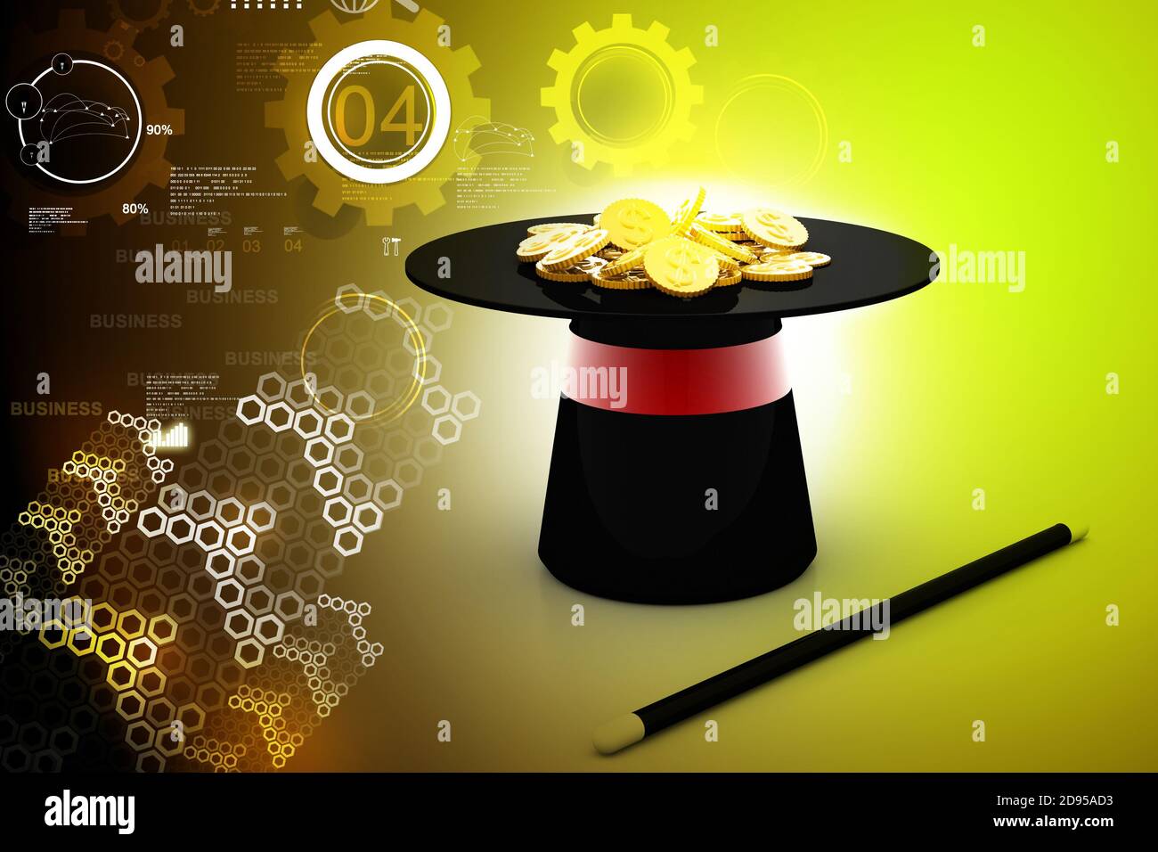 Digital illustration of magic hat and wand with dollar coins Stock ...