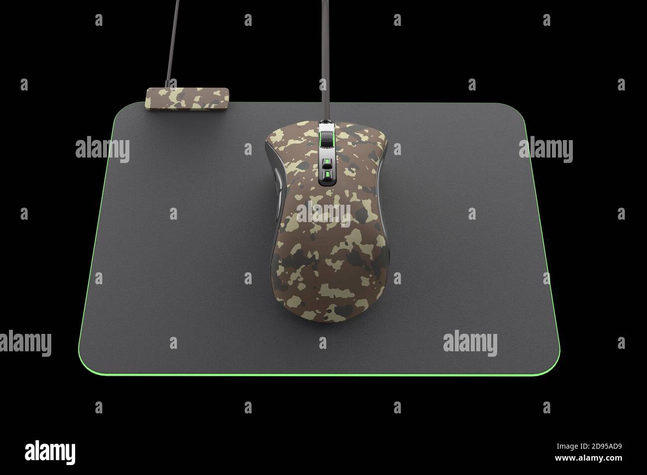 Modern camouflage gaming mouse on professional pad on black with ...