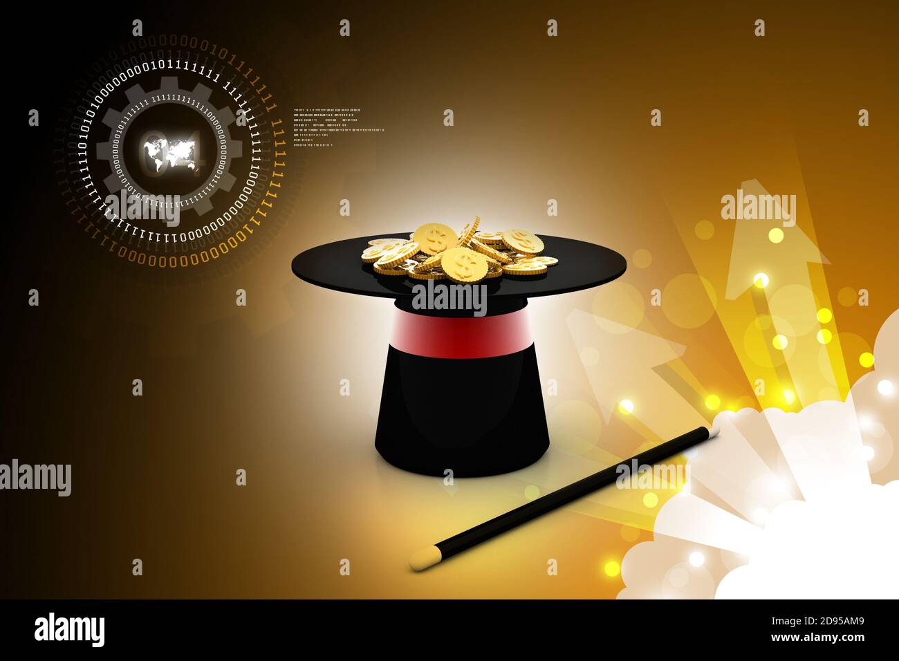 Digital illustration of magic hat and wand with dollar coins Stock ...