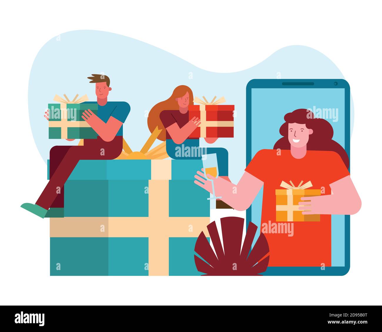 people opening gifts in smartphone characters scene vector illustration ...
