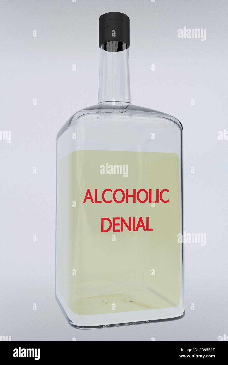 3D illustration of ALCOHOLIC DENIAL title on liquor bottle, isolated ...