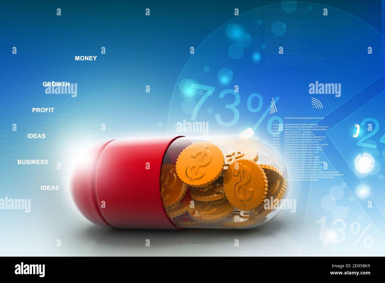 3d illustration of pill filled with dollar coin Stock Photo - Alamy