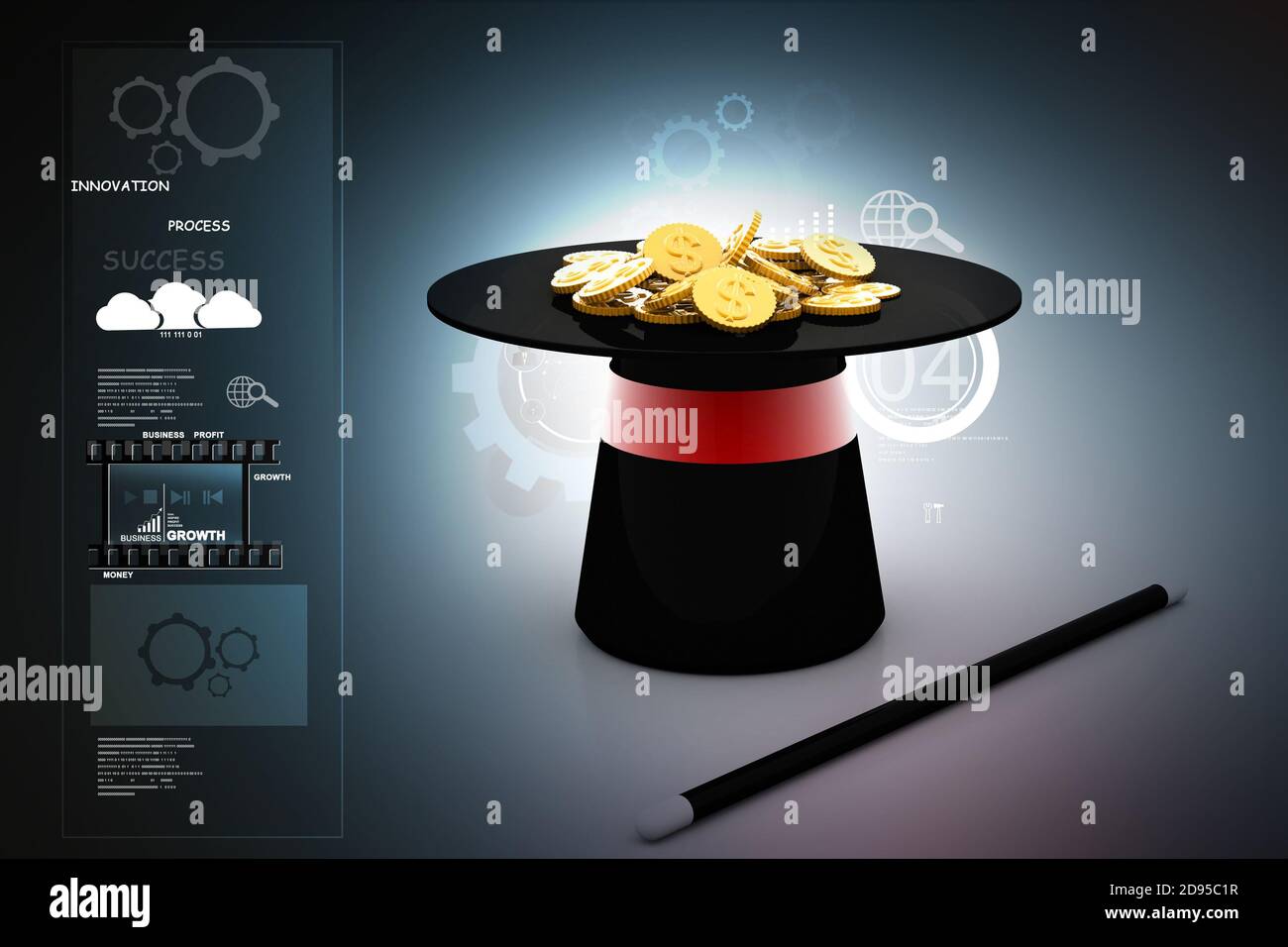 Digital illustration of magic hat and wand with dollar coins Stock ...