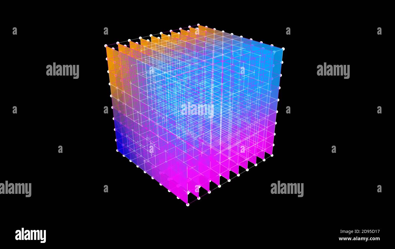 Colored 3D wireframe cube of lines and dots. 3d rendering Stock Photo ...