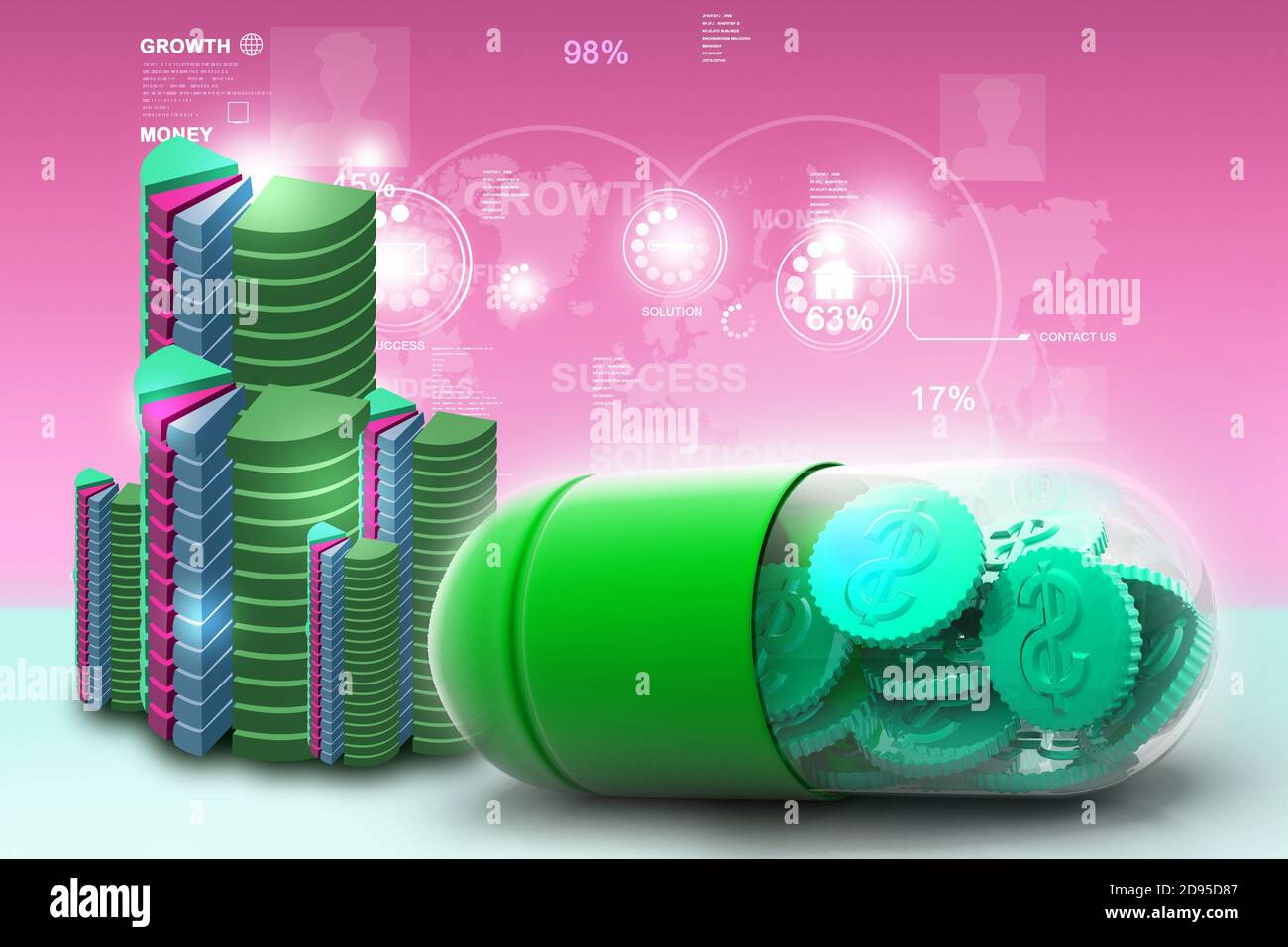 3d illustration of pill filled with dollar coin Stock Photo - Alamy