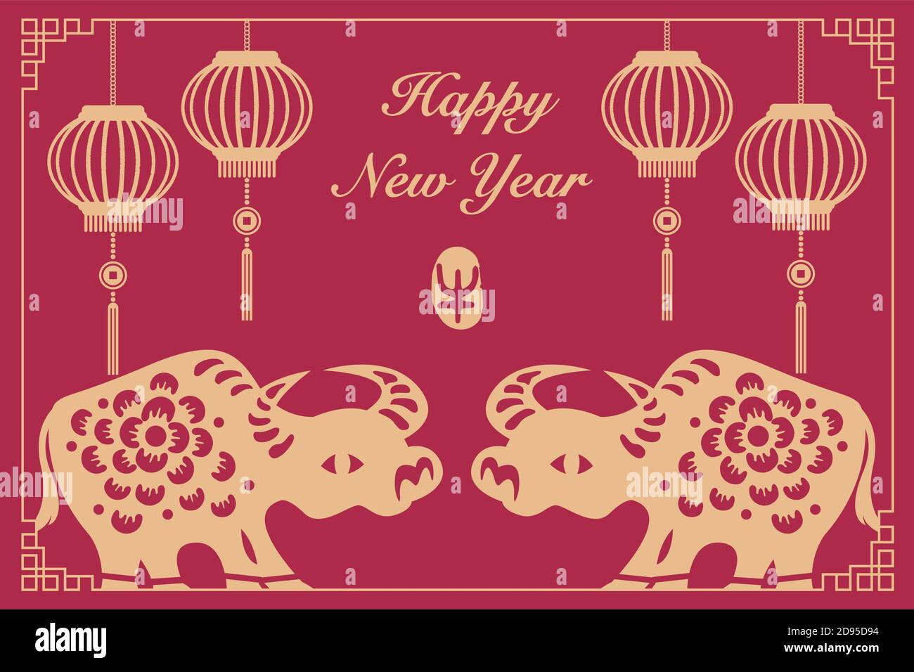 2021 Happy Chinese new year of ox retro elegant lantern and flower ...