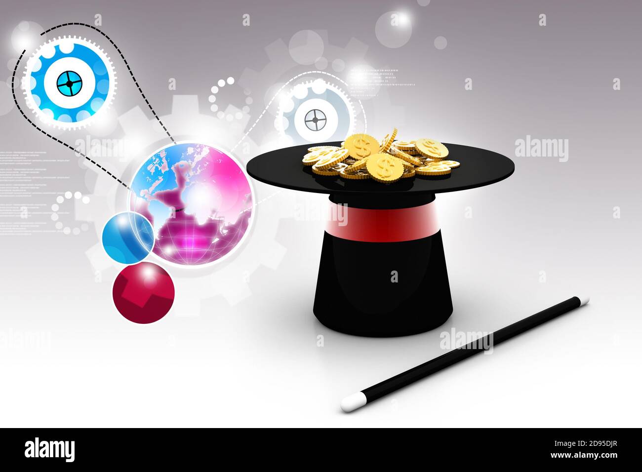 Digital illustration of magic hat and wand with dollar coins Stock ...