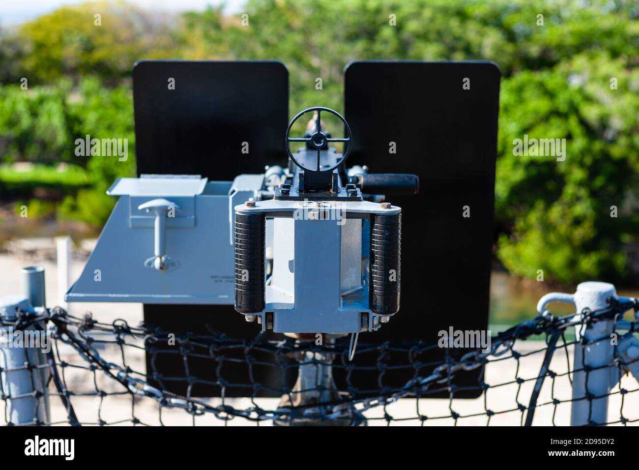 Old World War Two machine-gun, 0.50 caliber, looking down the gun sight ...