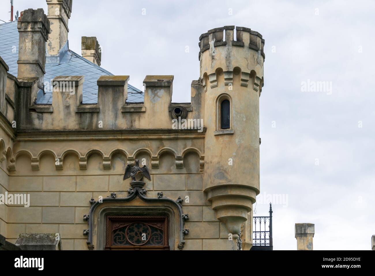 The towers of the Sturdza Castle from Miclauseni, Romania Stock Photo ...