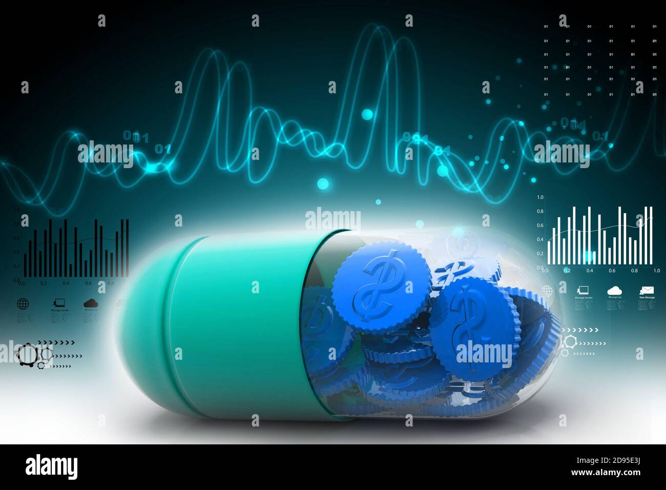 3d illustration of pill filled with dollar coin Stock Photo - Alamy